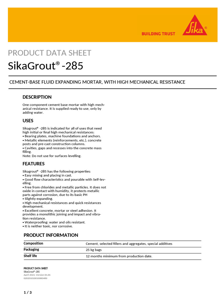 Sikagrout 285 | PDF | Concrete | Home & Garden