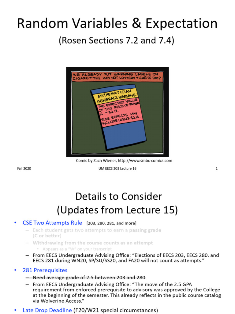 L16 RandomVariables ExpectedValue F20 | PDF | Probability Distribution | Expected Value