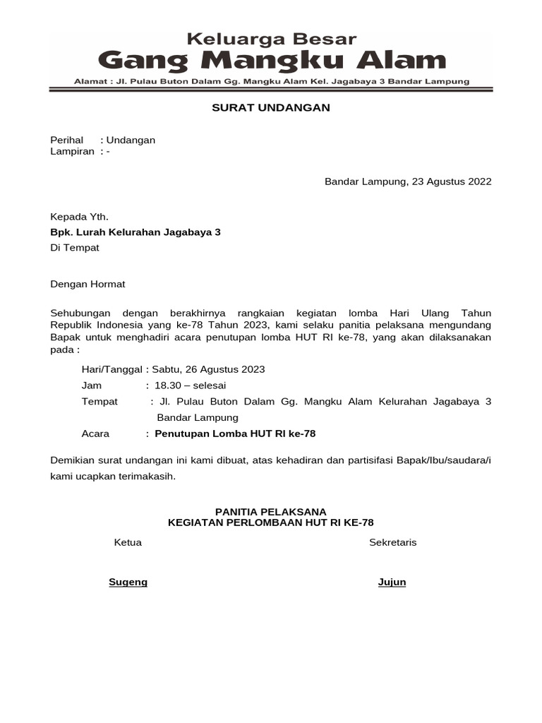 Surat Undangan Penutupan Gang Mangku Alam Hut Ri 77 | PDF
