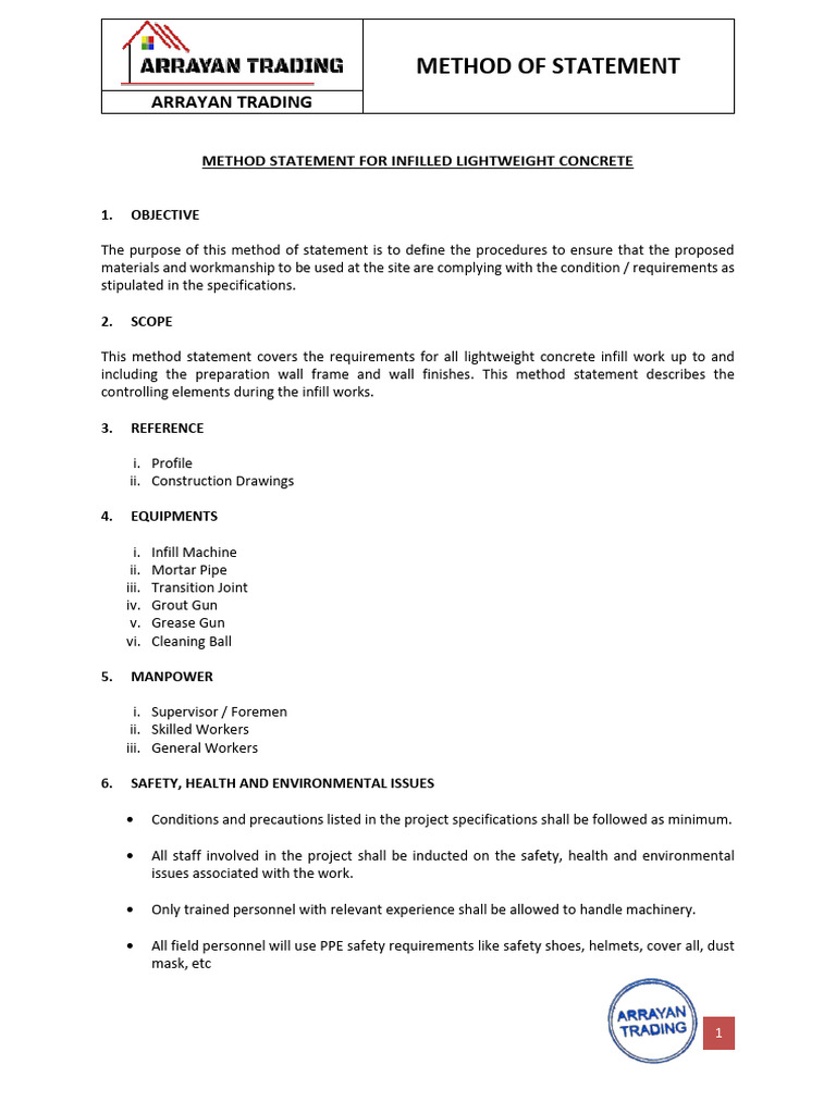 Method Statement - Lightweight Concrete Infill | PDF