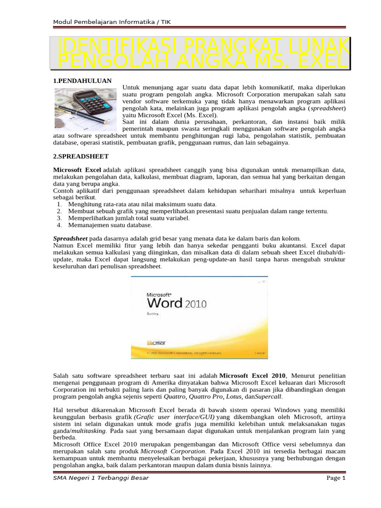 Materi 1 Identifikasi Ms Excel 2010 | PDF