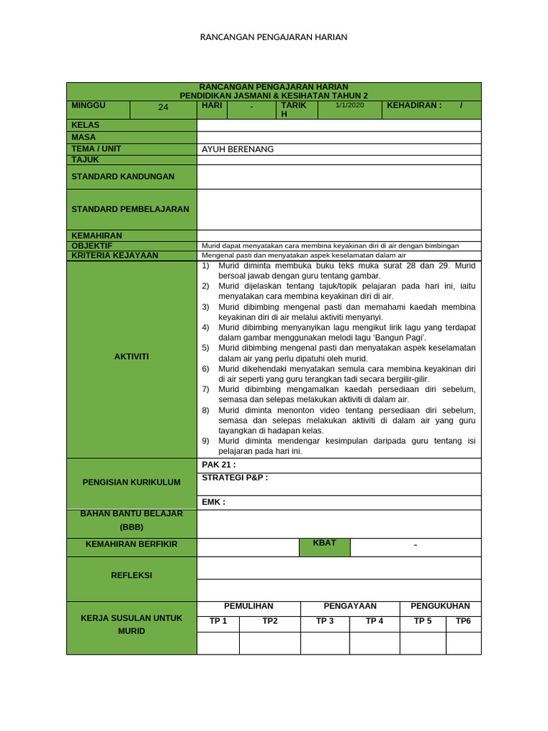 RPH PJK Tahun 2 Unit 4 Ayuh Berenang | PDF