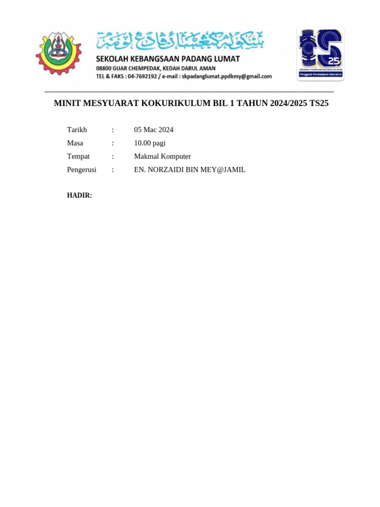 Minit Mesyuarat Kokurikulum Kali 1 - 2024 | PDF