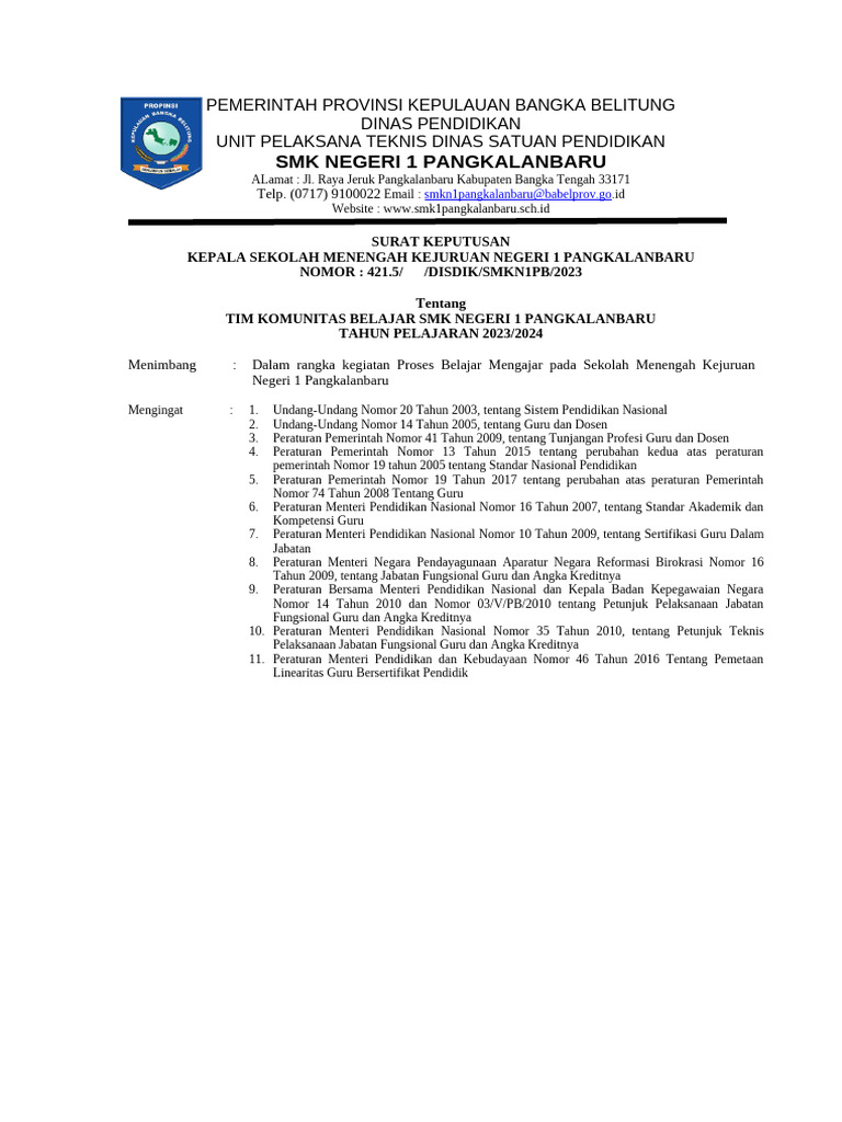 SK Komunitas Belajar SMKN 1 PKB | PDF