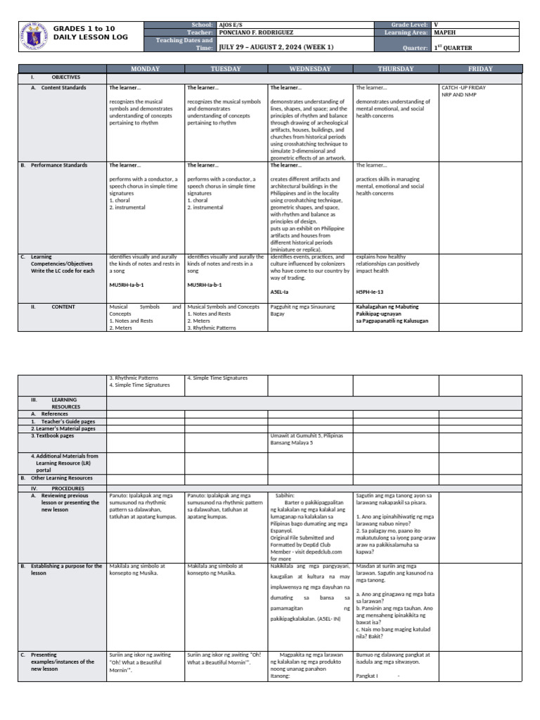DLL - Mapeh 5 - Q1 - W1 | PDF
