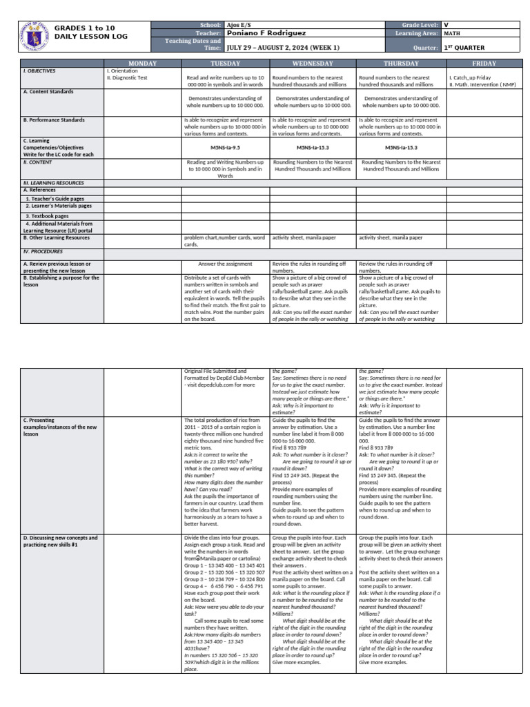 DLL - Math 5 - Q1 - W1 | PDF