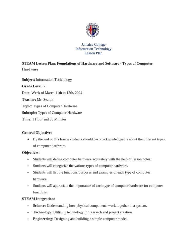 Grade 7 - Types of Computer Hardware LP | PDF