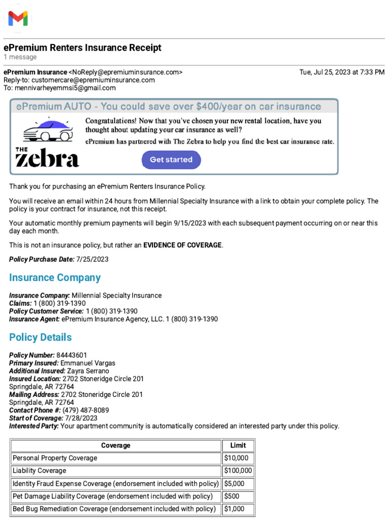 Gmail - EPremium Renters Insurance Receipt | PDF