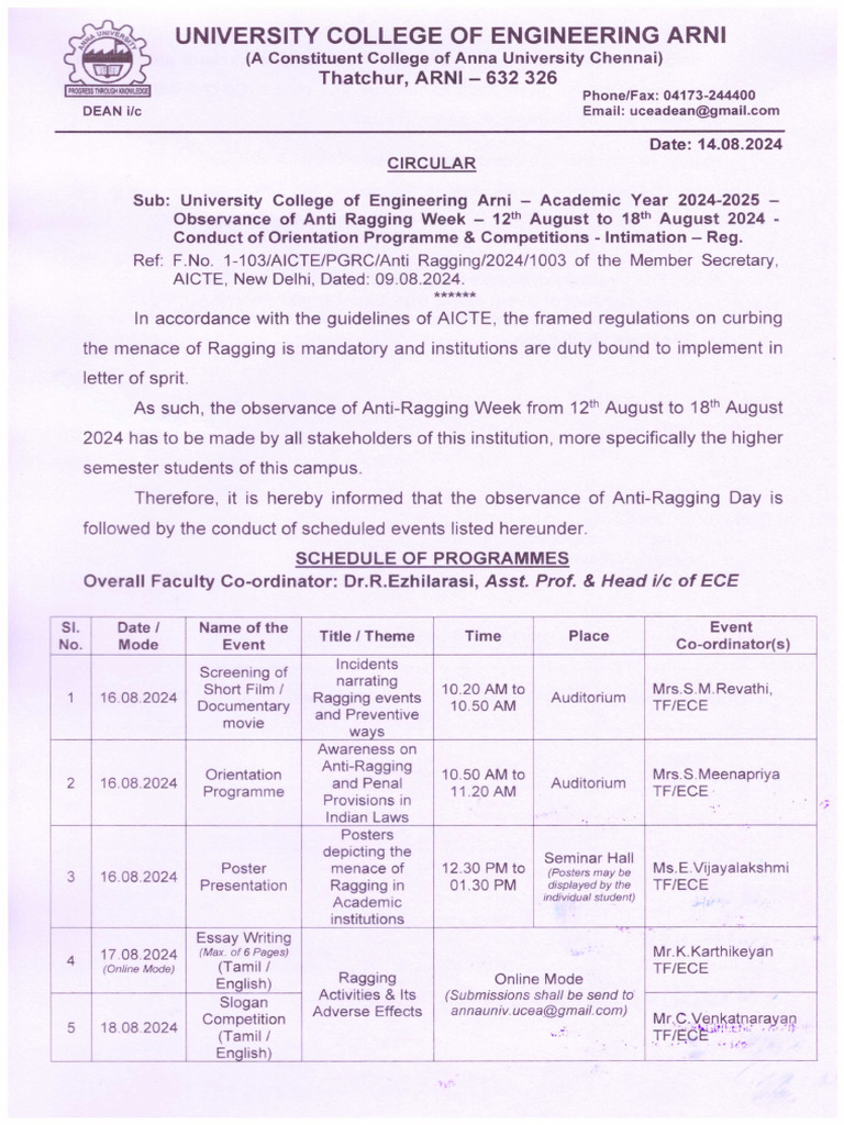 Anti-Ragging Awareness Week 2024 - Conduct of Events - Intimation | PDF