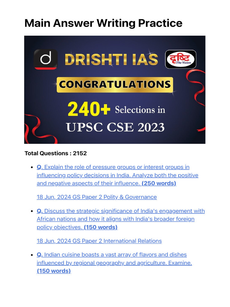 Main Answer Writing Practice: Total Questions: 2152 | PDF