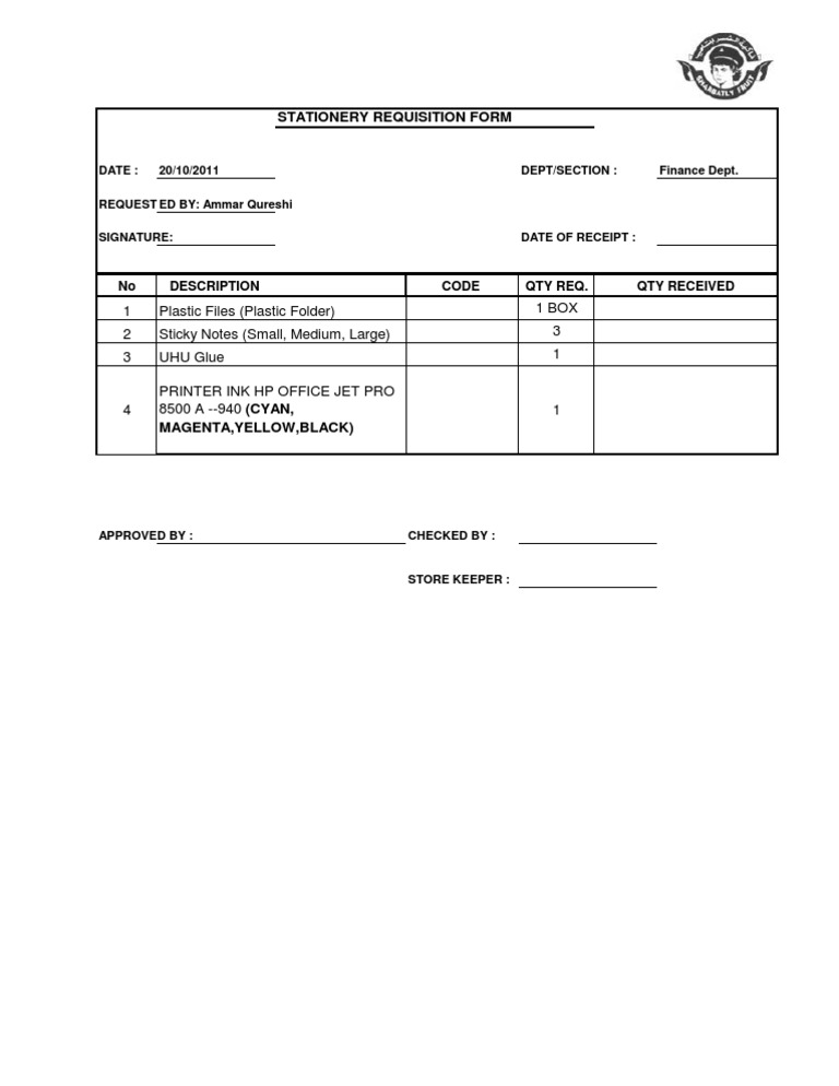 Finance Dept. Stationery Request Form | PDF | Business | Law
