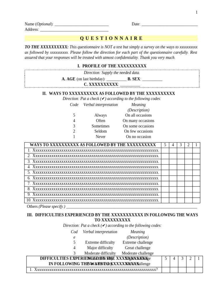 BLANK Back To Back QUESTIONNAIRE Template For WAYS TO - AS FOLLOWED BY ...