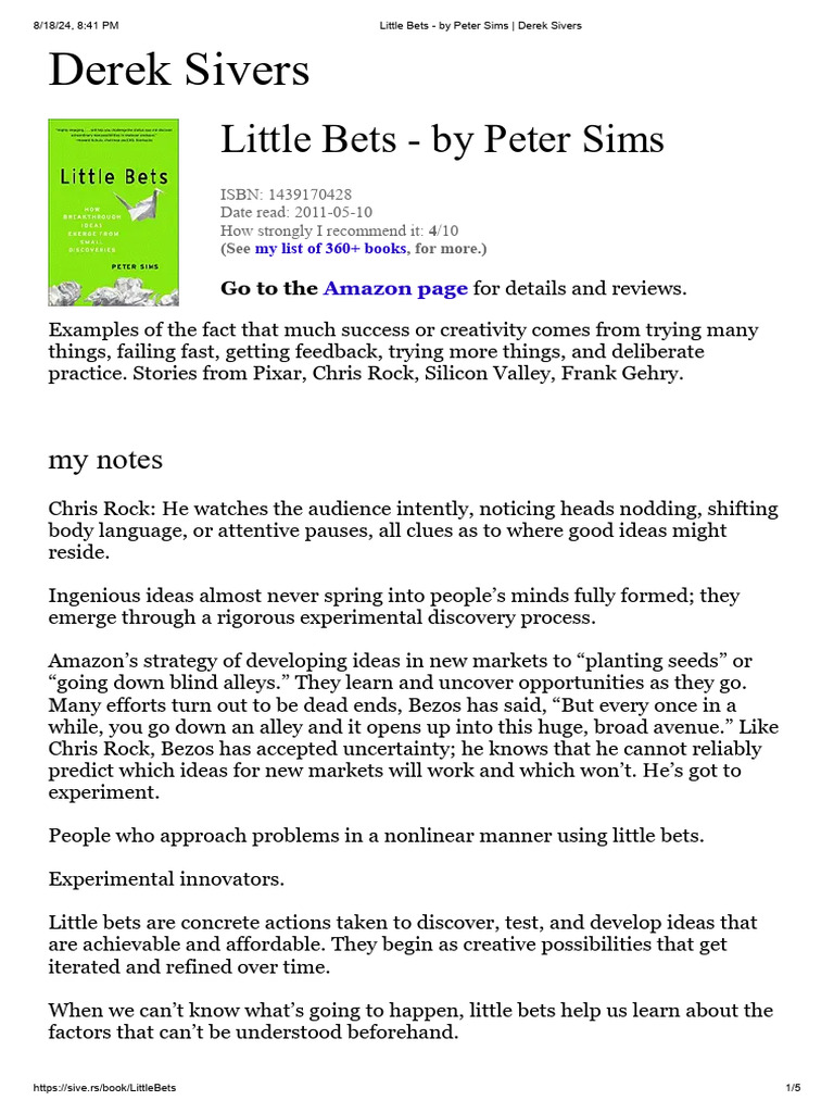 Little Bets - by Peter Sims - Derek Sivers | PDF