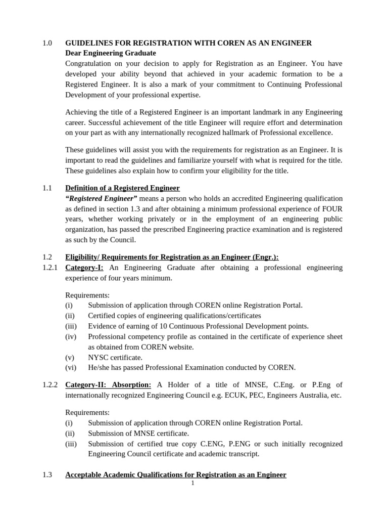 Guidelines For Registration With COREN CORRECTED | PDF | Engineer ...