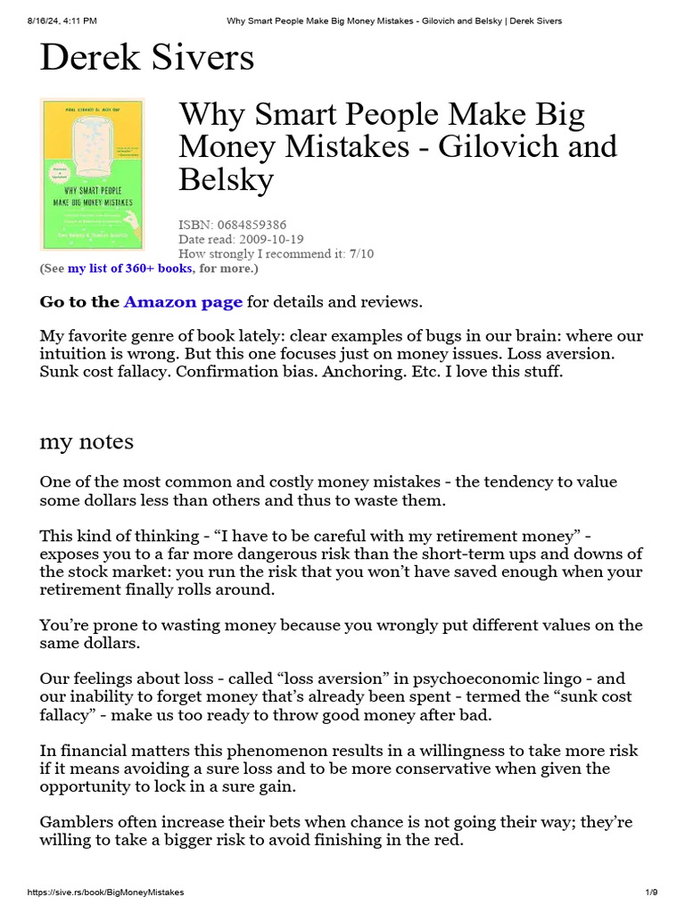 Why Smart People Make Big Money Mistakes - Gilovich and Belsky - Derek Sivers | PDF