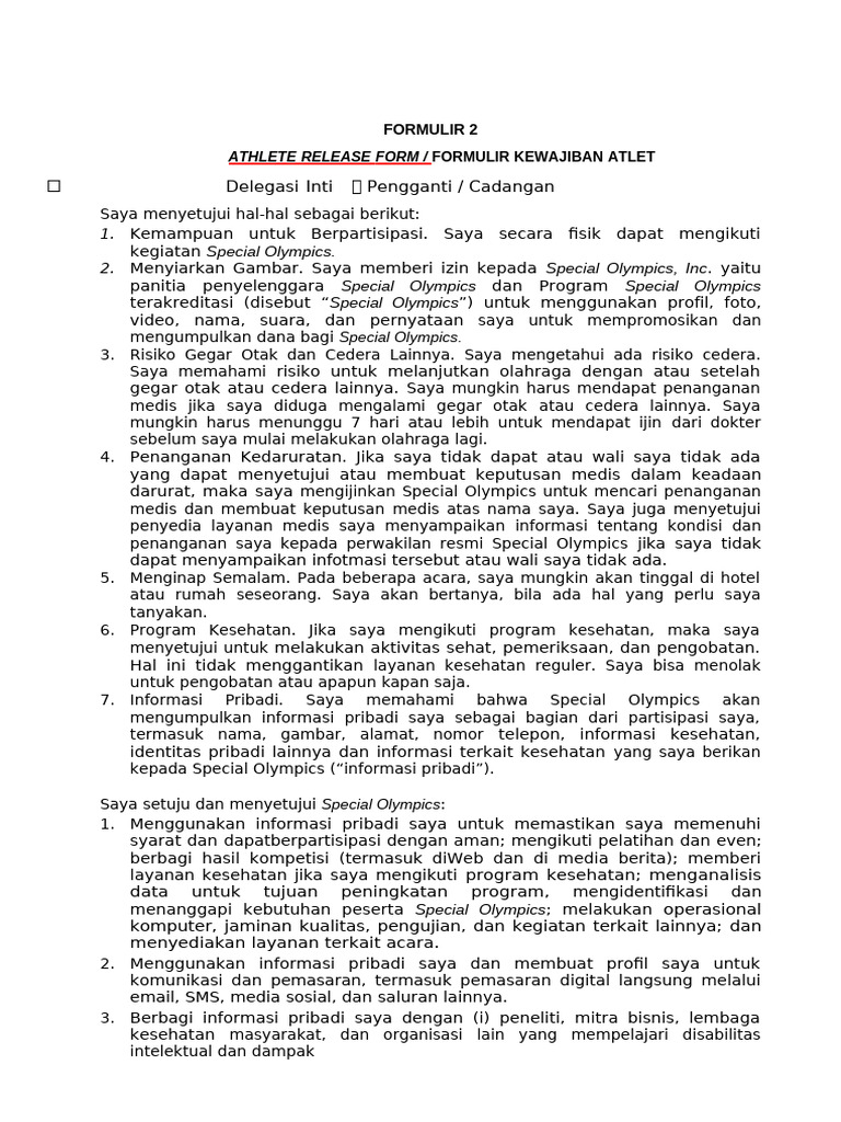 Formulir Kewajiban Atlet | PDF
