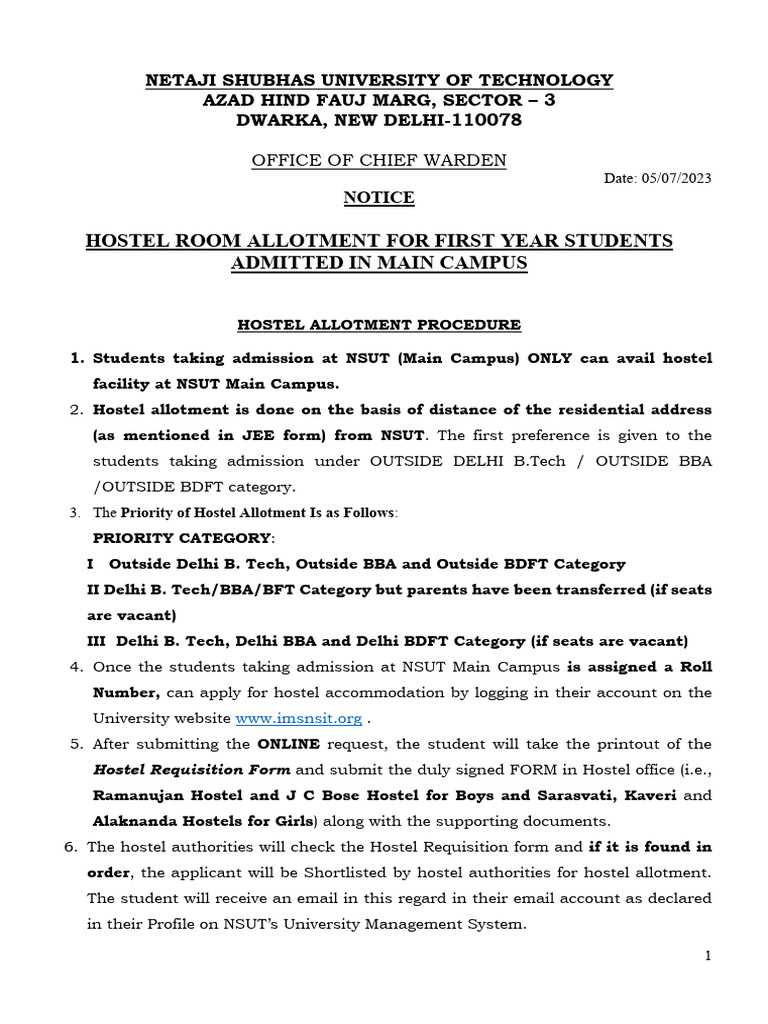 Hostel Room Allotment Information 2022-23 | PDF