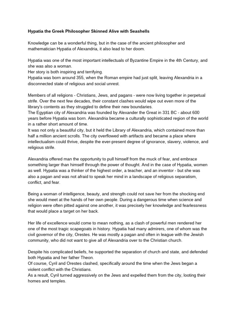 Hypatia The Greek Philosopher Skinned Alive With Seashells | PDF