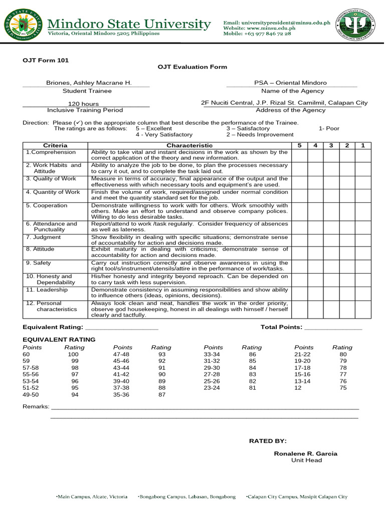 10 OJT Form 101 OJT Evaluation Form 2 | PDF