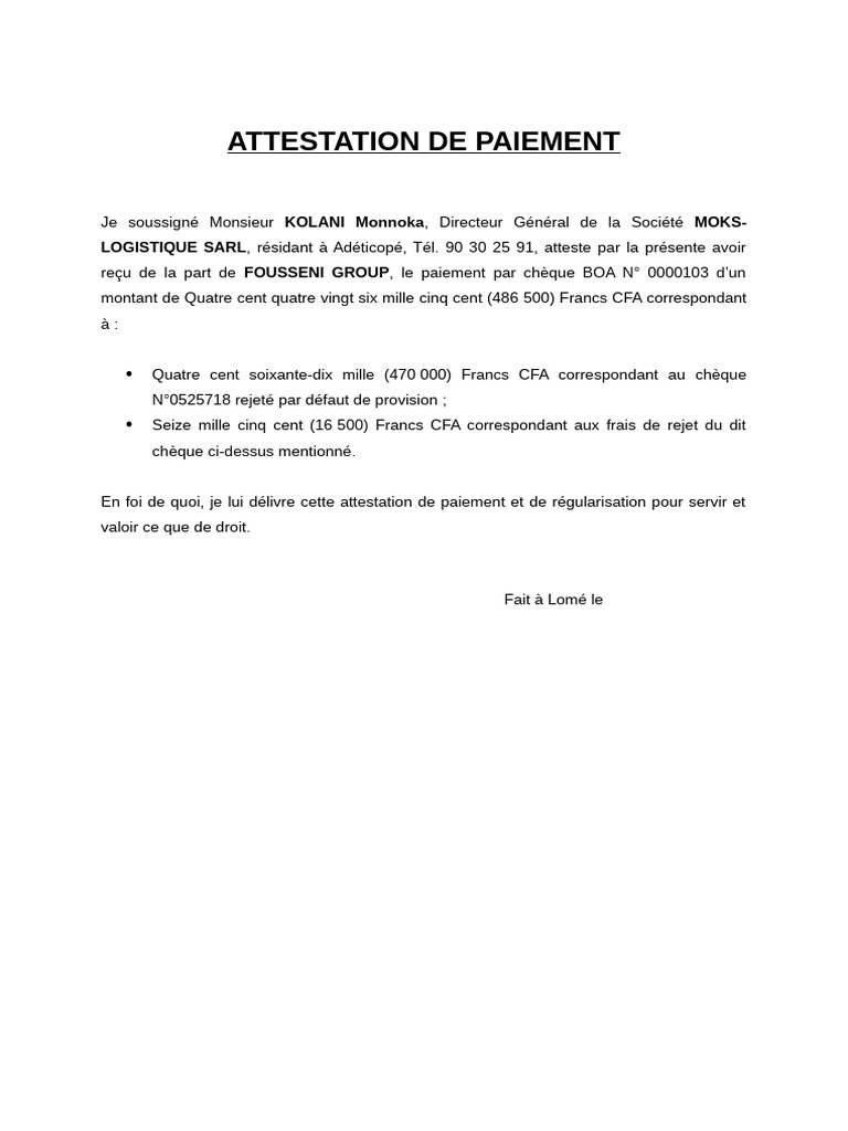 Attestation de Paiement | PDF