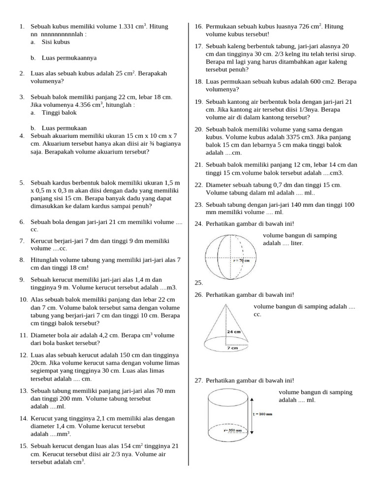 Volume Dan Luas Permukaan Bangun Ruang (Kubus, Balok, Tabung, Kerucut ...