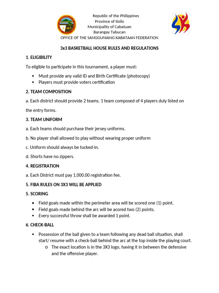 3X3 Basketball House Rules and Regulations 1. Eligibility | PDF | Ball ...