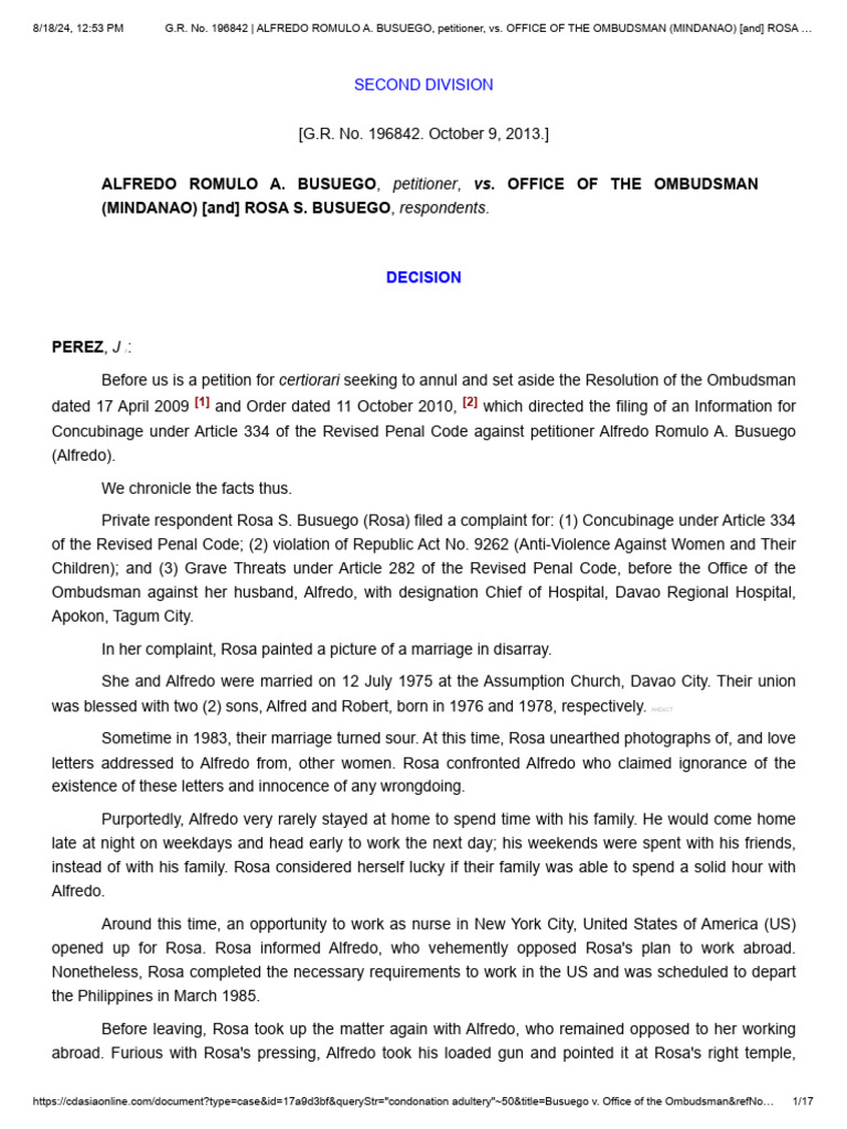 Alfredo Romulo A. Busuego, Petitioner, vs. Office of The Ombudsman ...
