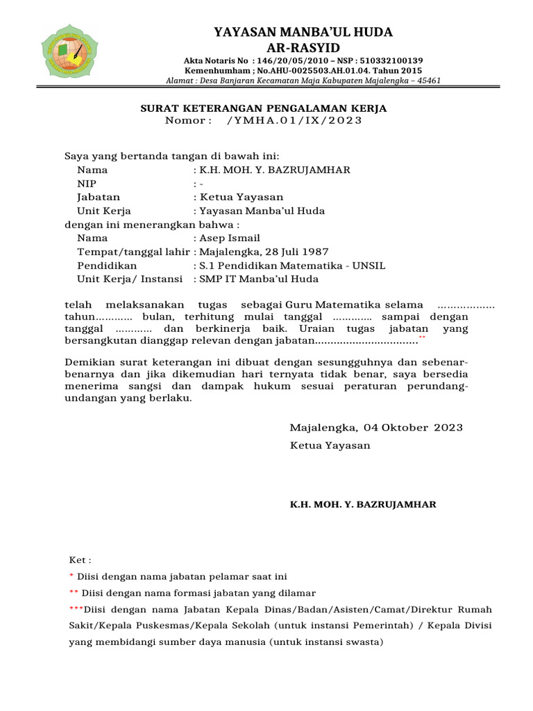 Lampiran Iii Format Surat Keterangan Pengalaman Kerja | PDF