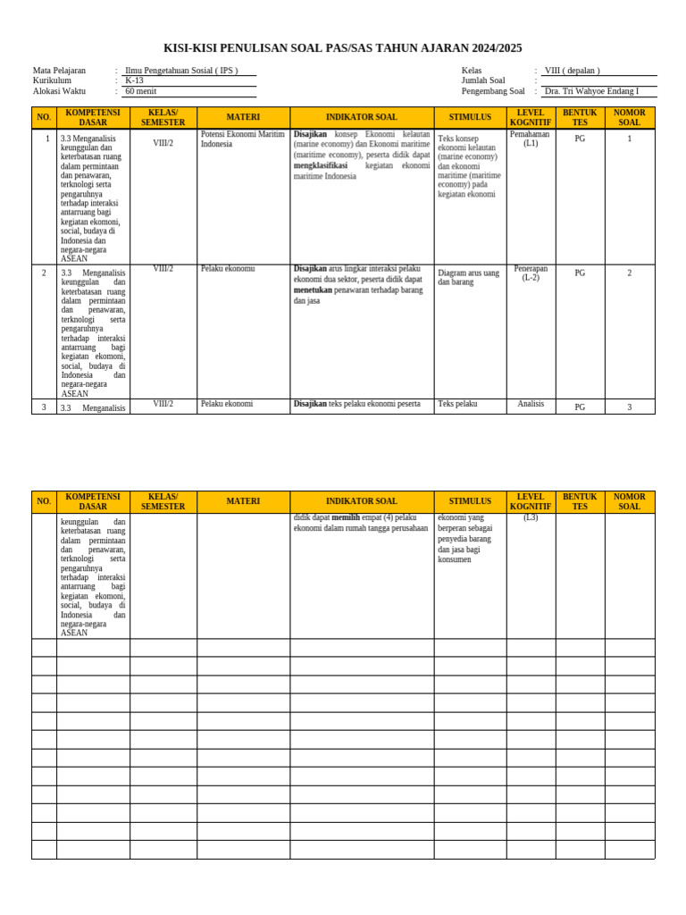 Contoh Pengisian Stimulus Di Kisi-Kisi Soal PAS-SAS 2023-2024 | PDF