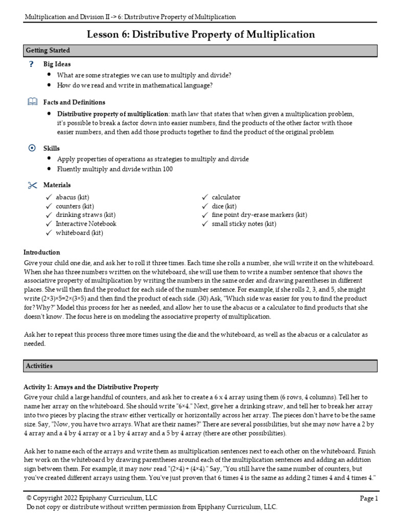 Age 7 9 Sample Distributive Property of Multiplication | PDF ...