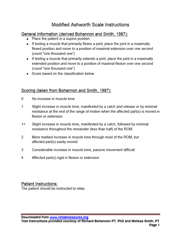 Modified Ashworth Scale Instructions | PDF