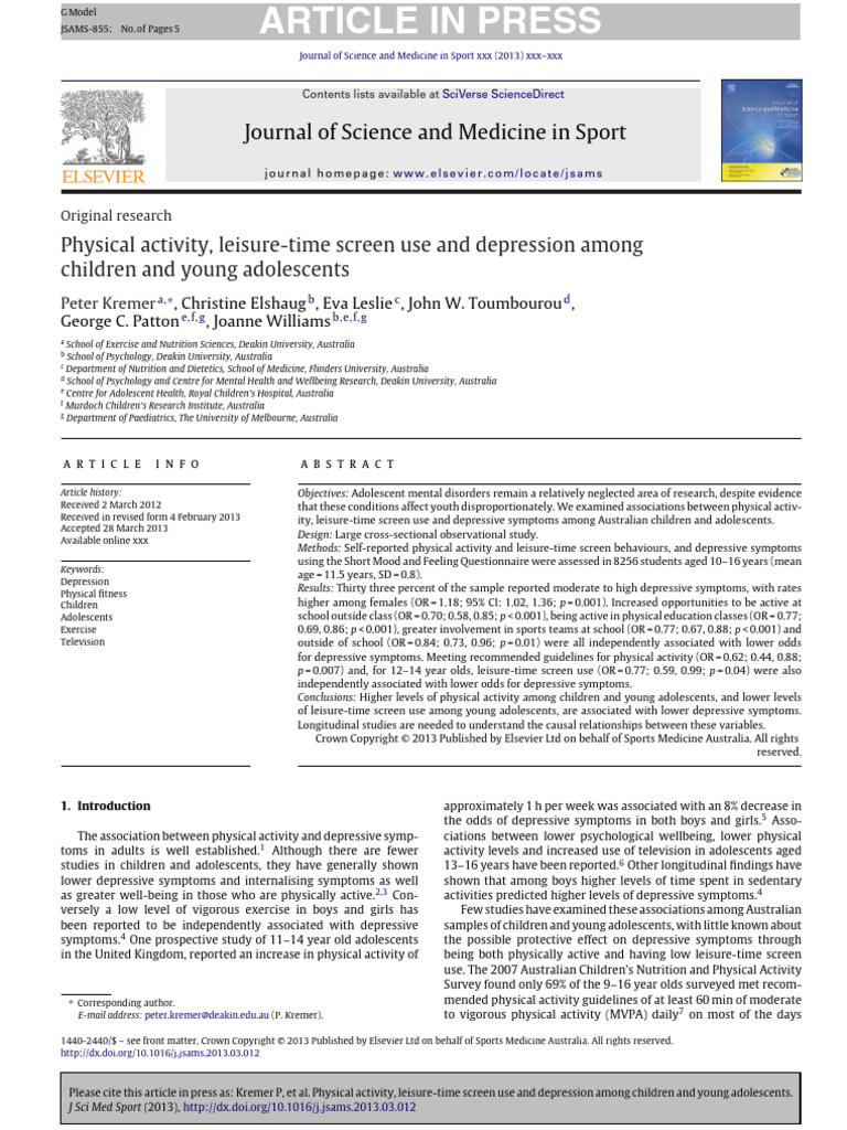 Physical Activity, Leisure-Time Screen Use and Depression Among ...