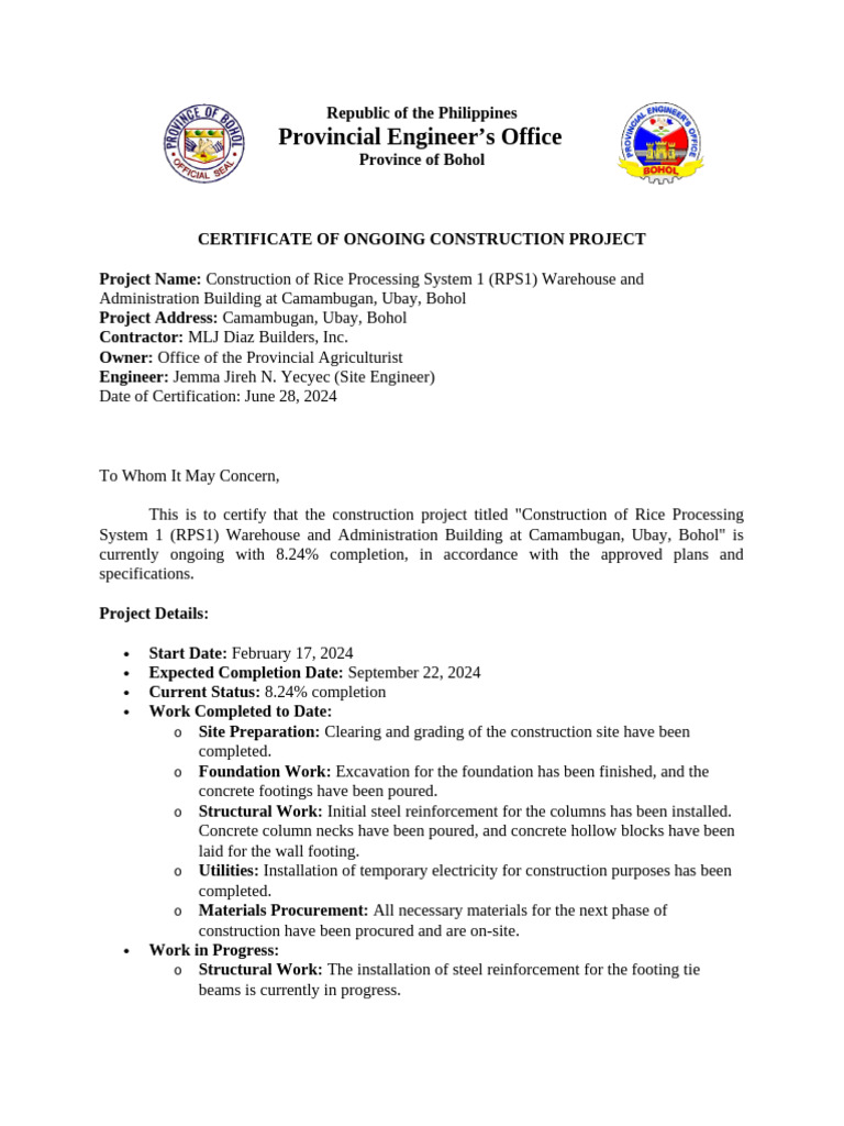 RPS1 - Certificate of Ongoing Project | PDF