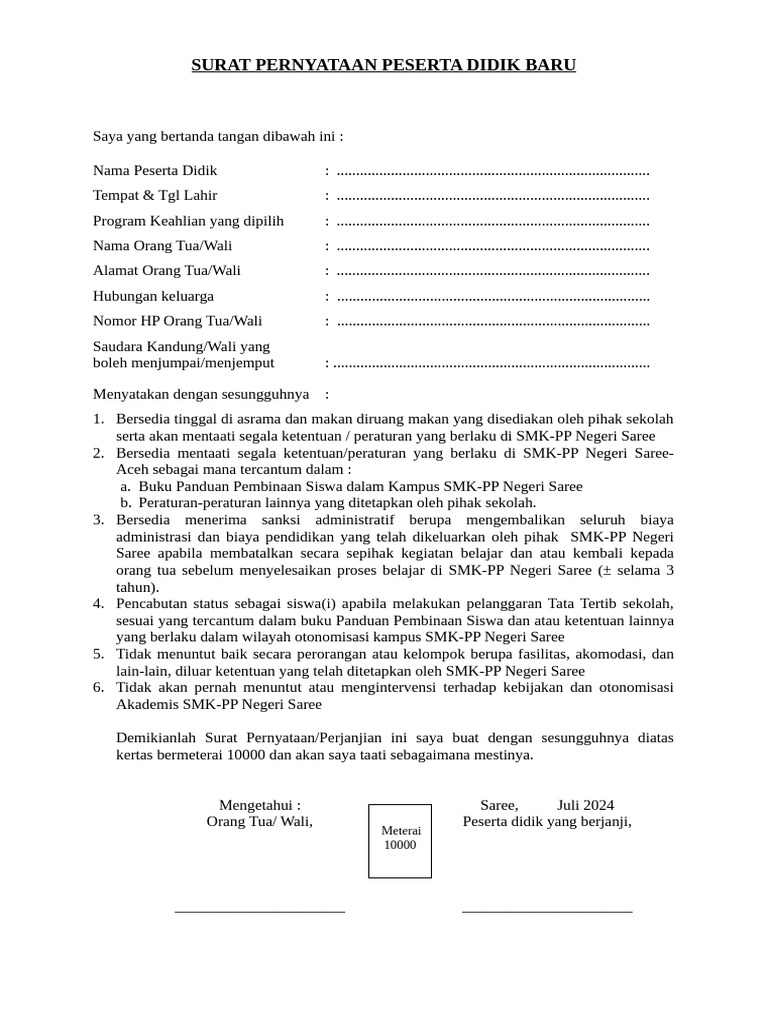 Surat Pernyataan Ortu Dan Siswa | PDF