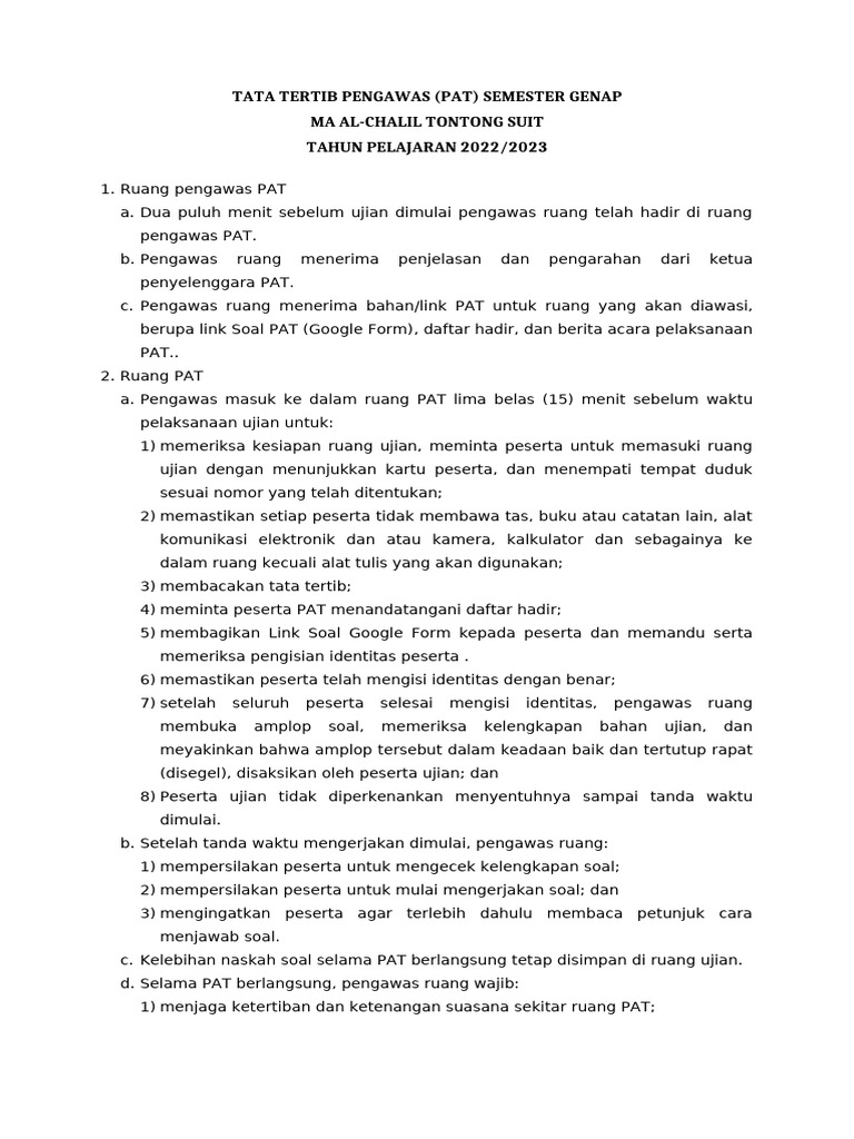 TATA TERTIB PENGAWAS PAT 2023. | PDF