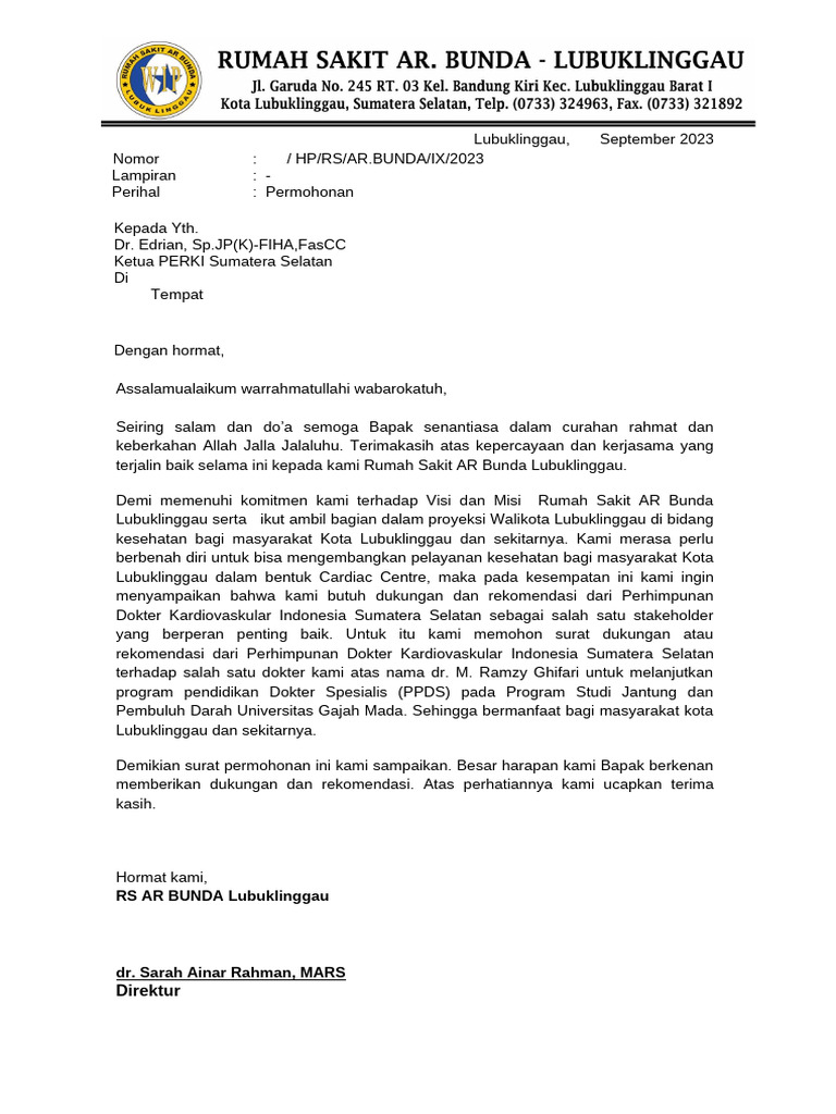 Surat Permohonan Rekomendasi PERKI | PDF