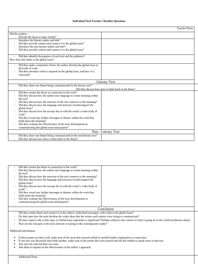 Individual Oral Teacher Checklist Questions | PDF