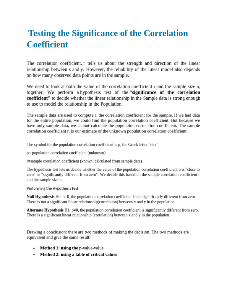Testing The Significance of The Correlation Coefficient | PDF