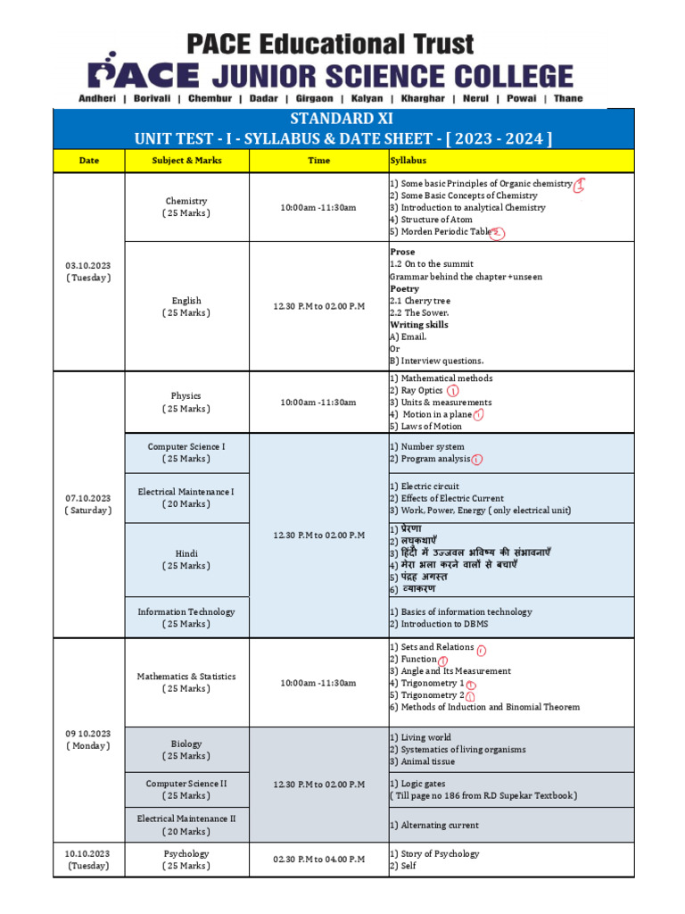 Standard XI - College Exam - Syllabus & Date Sheet - (2023 - 2024) | PDF