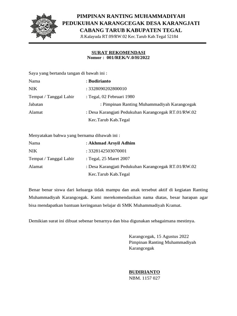 SURAT REKOMENDASI PRM SISWA TIDAK MAMPU | PDF