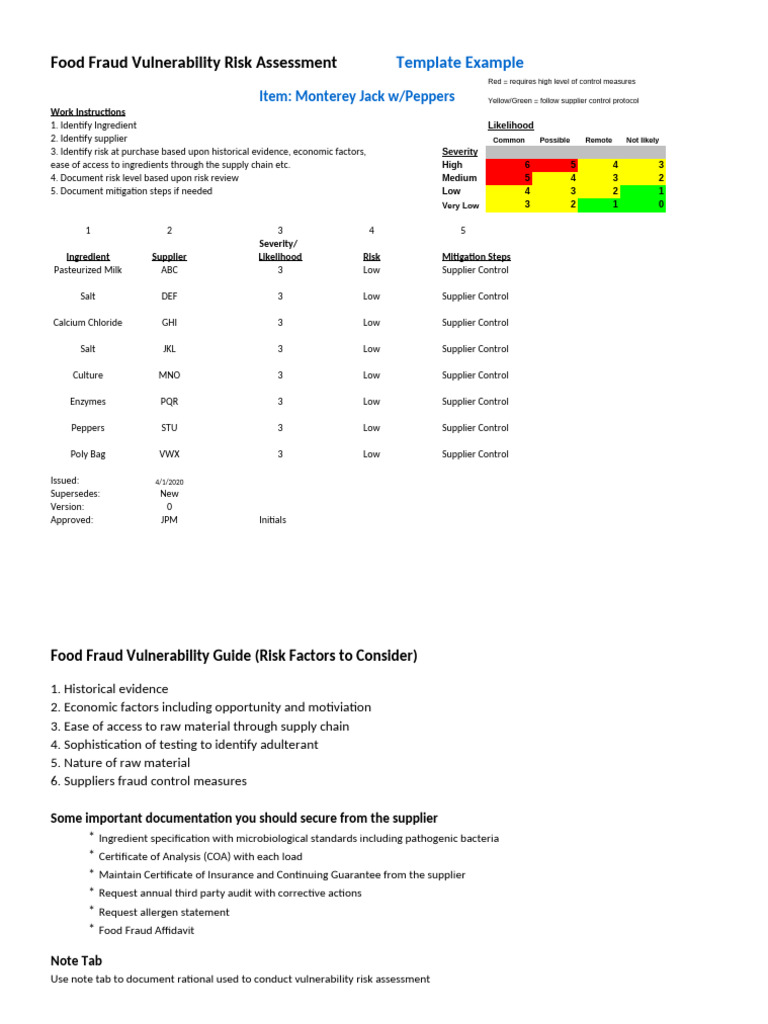 Food Fraud Vulnerability Assessment Example | PDF