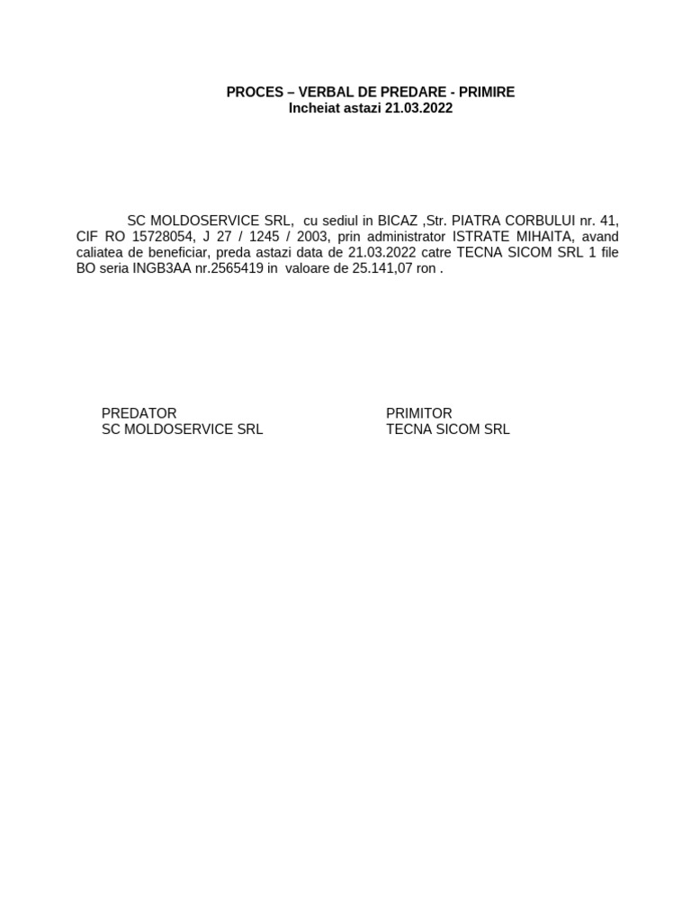5 3 Proces Verbal de Predare Primire | PDF