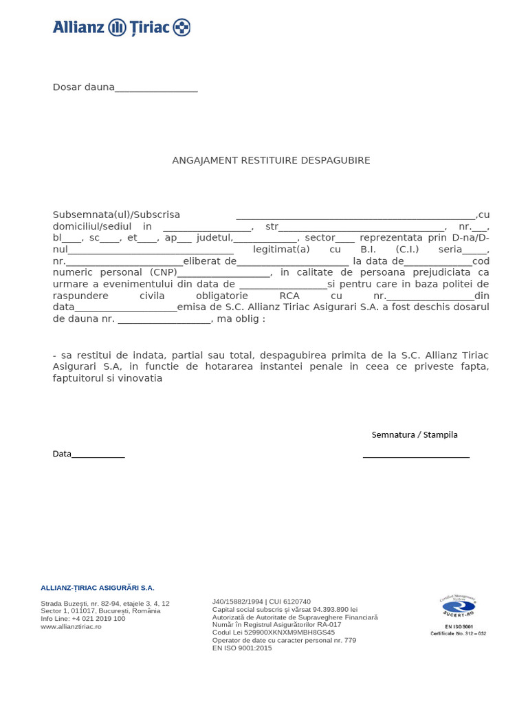 Angajament Restituire Despagubire RCA - 2024 | PDF