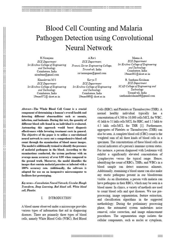 Blood Cell Counting and Malaria Pathogen Detection Using Convolutional Neural Network | PDF
