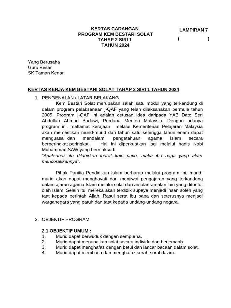 KERTAS CADANGAN Kbs Tahap 2 2024 | PDF