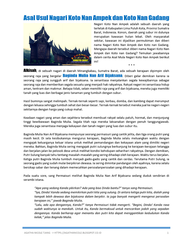 Legenda Sumatra Barat - Asal Usul Nagari Koto Nan Ampek Dan Koto Nan Gadang | PDF