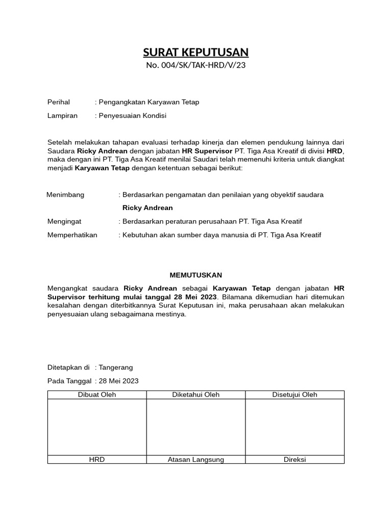 Contoh SK Tetap Karyawan | PDF