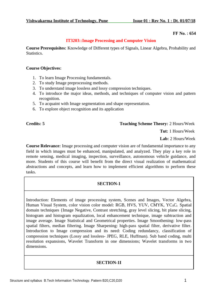 IP & CV Syllabus-Updated | PDF