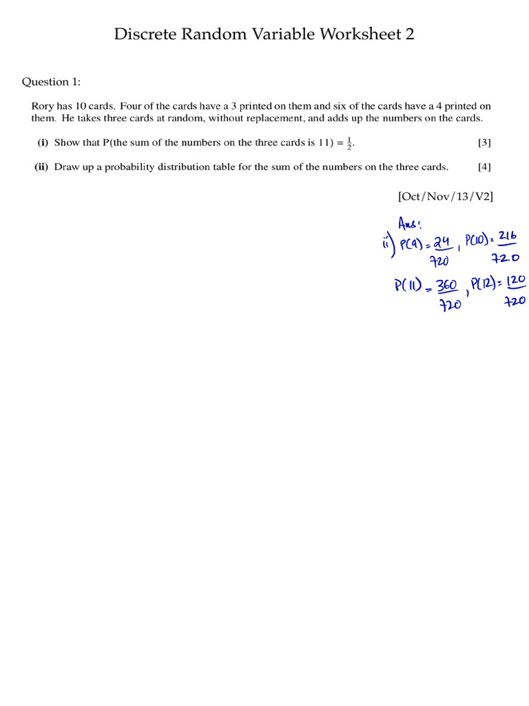 Discrete Random Variable Worksheet 2 | PDF