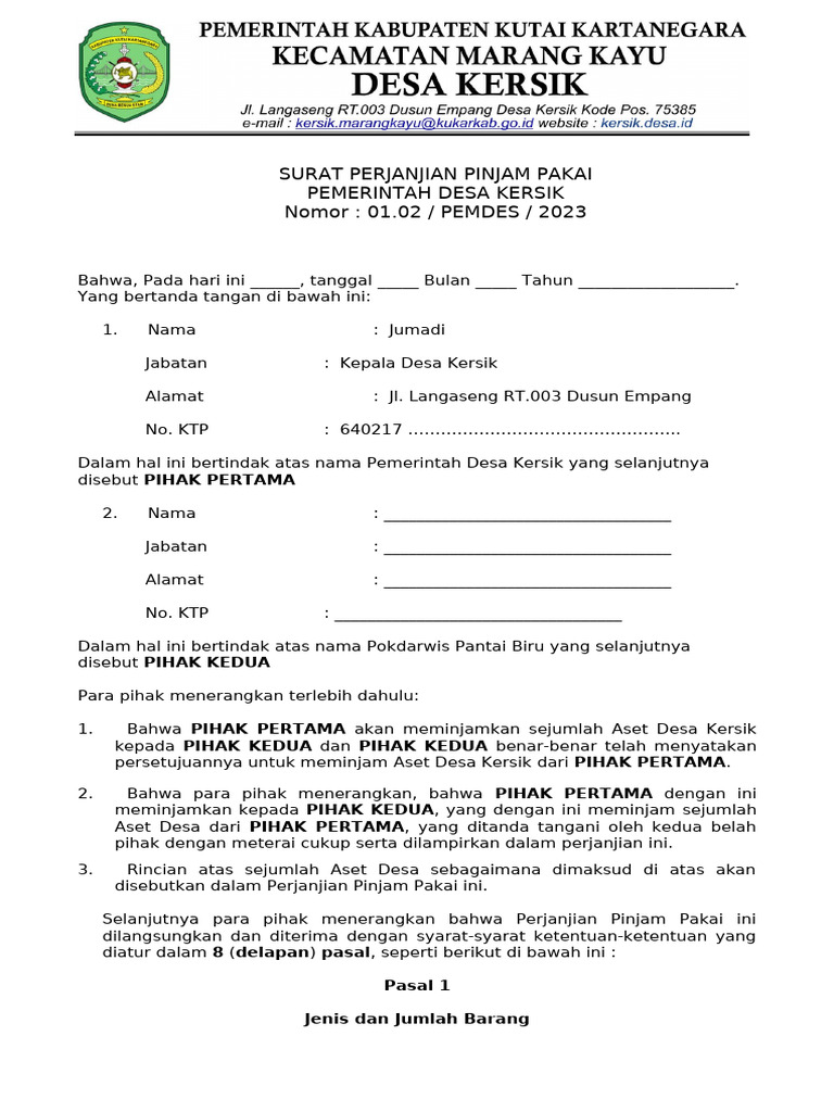 Surat Perjanjian Pinjam Pakai | PDF